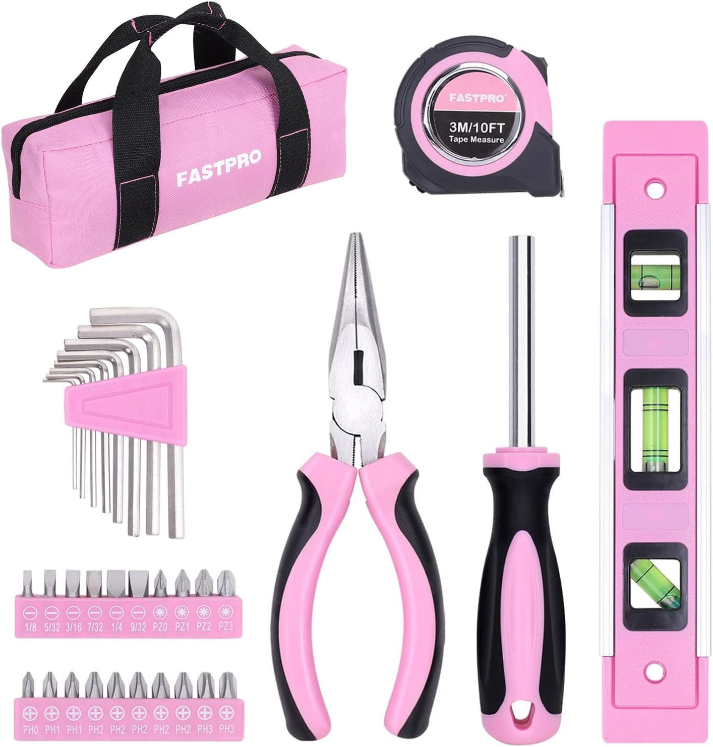 Wellsay FAST 33-Piece Pink Tool Kit, Household Tool Set with Screwdriver Bits & Holder, Basic ...