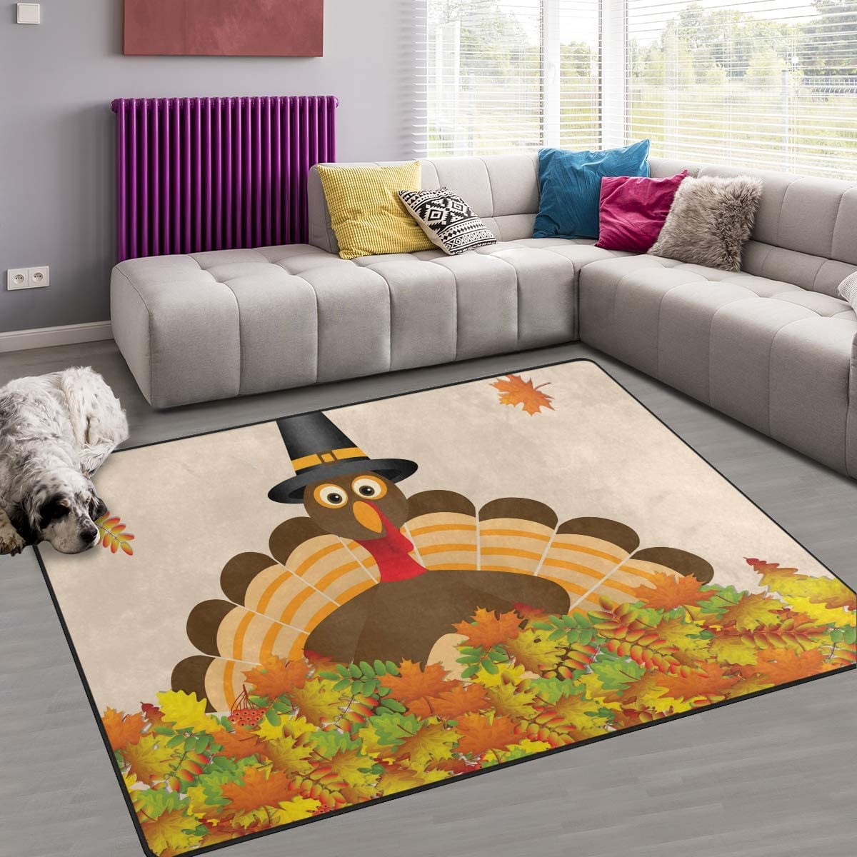 Wellsay Fall Leaves Area Rug 4'x6', Happy Thanksgiving Turkey Polyester ...