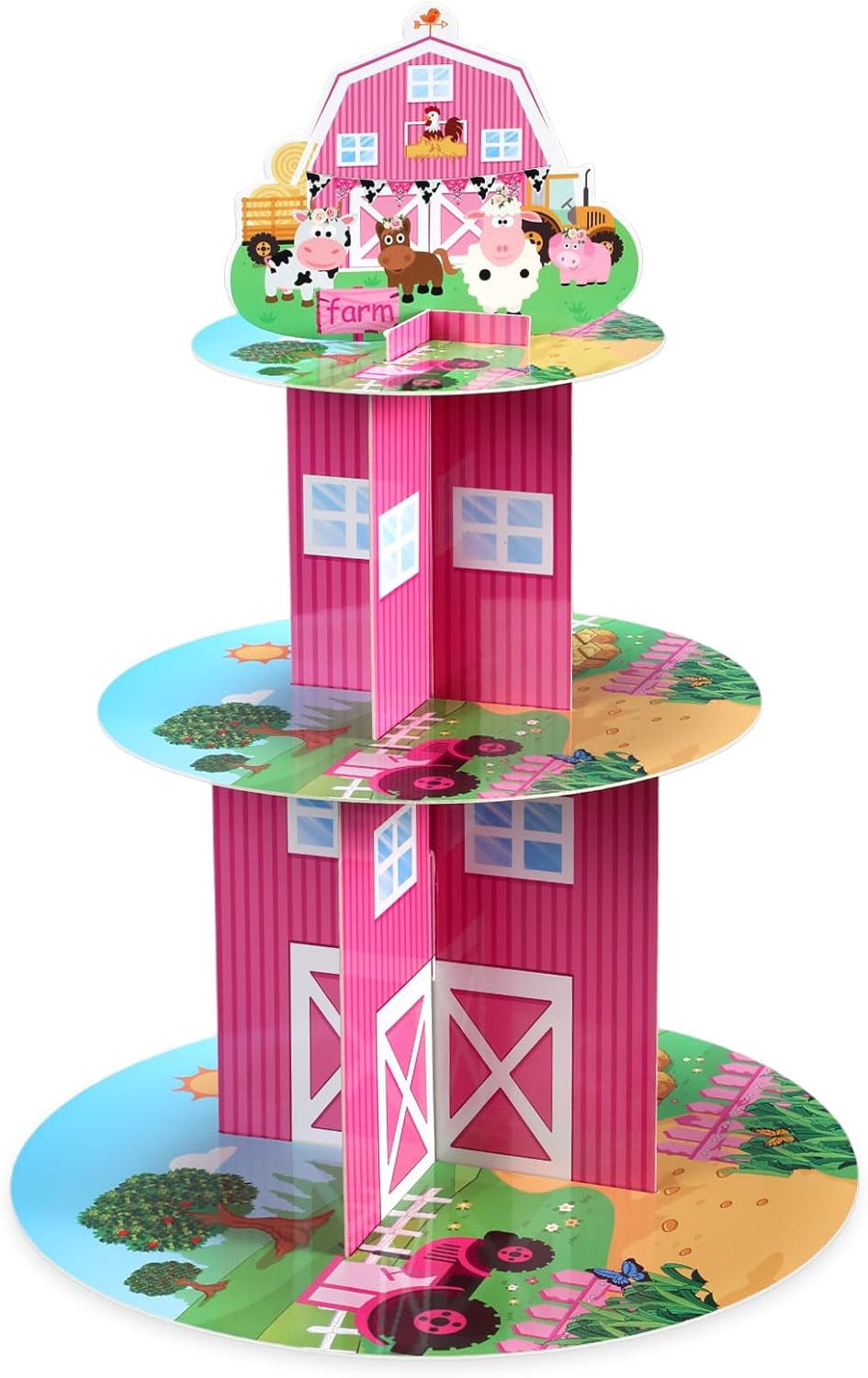 Wellsay Farm Cupcake Stand, 3 Tier Pink Farm Animal Tray, Food Serving ...