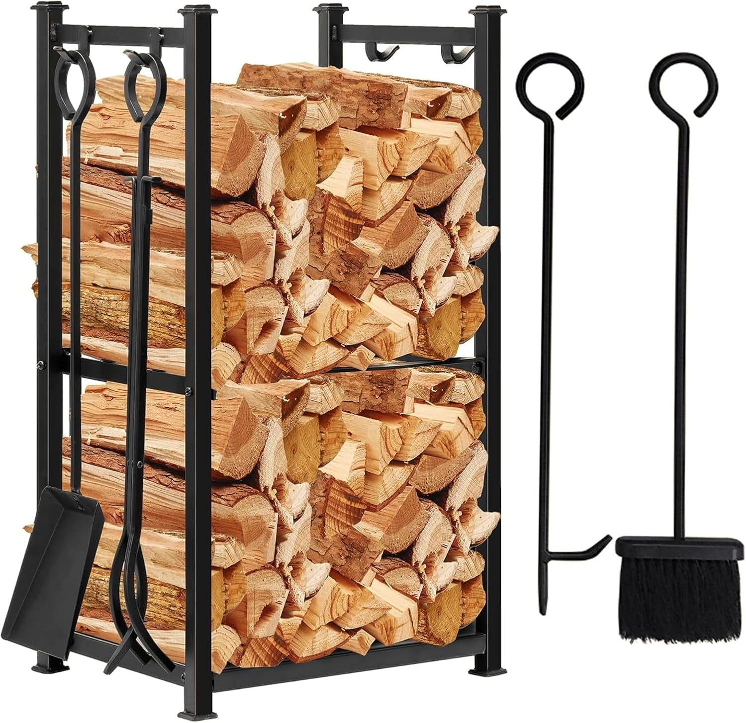Wellsay Firewood Rack Indoor with Fireplace Tools Set Log Holder Wood ...