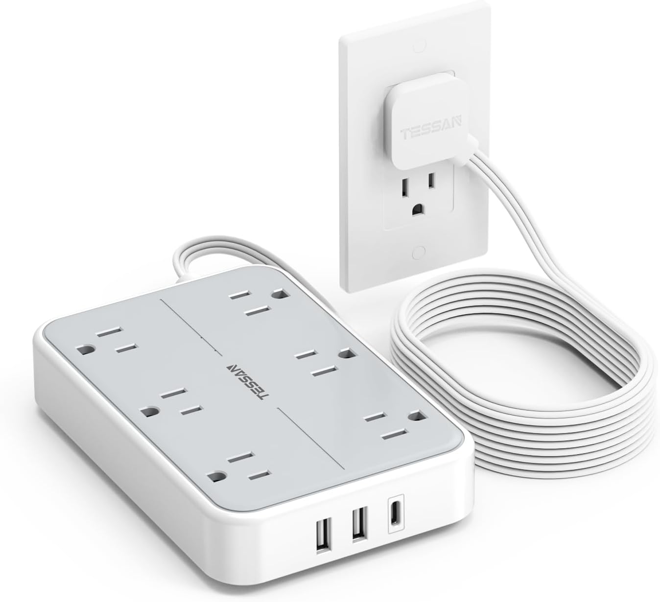 Wellsay Flat Extension Cord 10 FT with Flat Plug Power Strip, Small ...