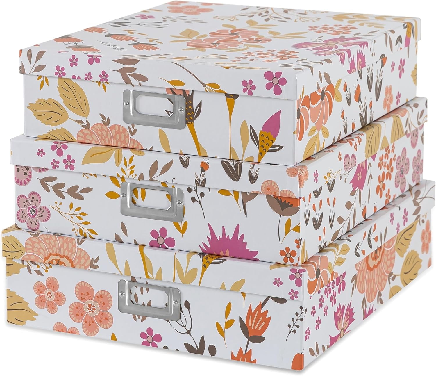 Wellsay Floral Collage Decorative Cardboard Boxes with Lids, Set of 3 ...
