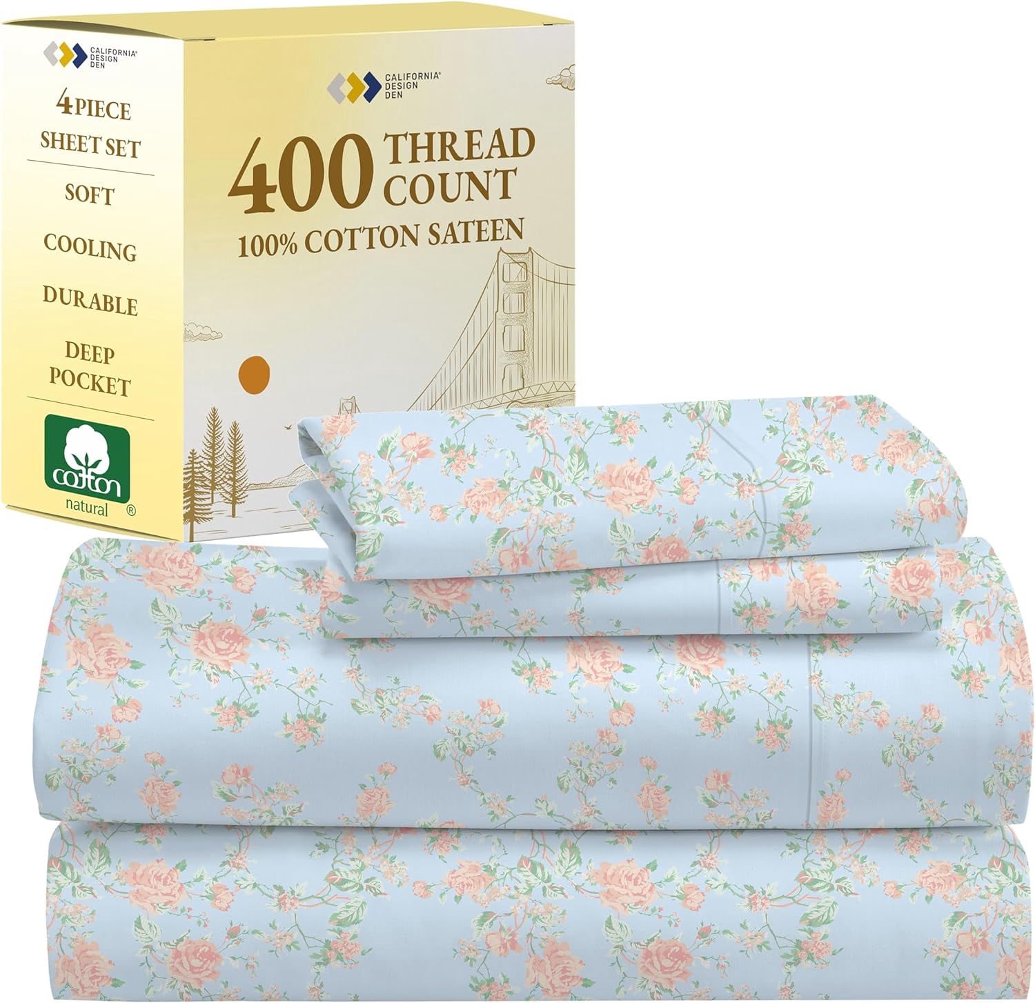 Wellsay Floral Sheets for Queen Size Bed - 100% Cotton Sheets Set ...