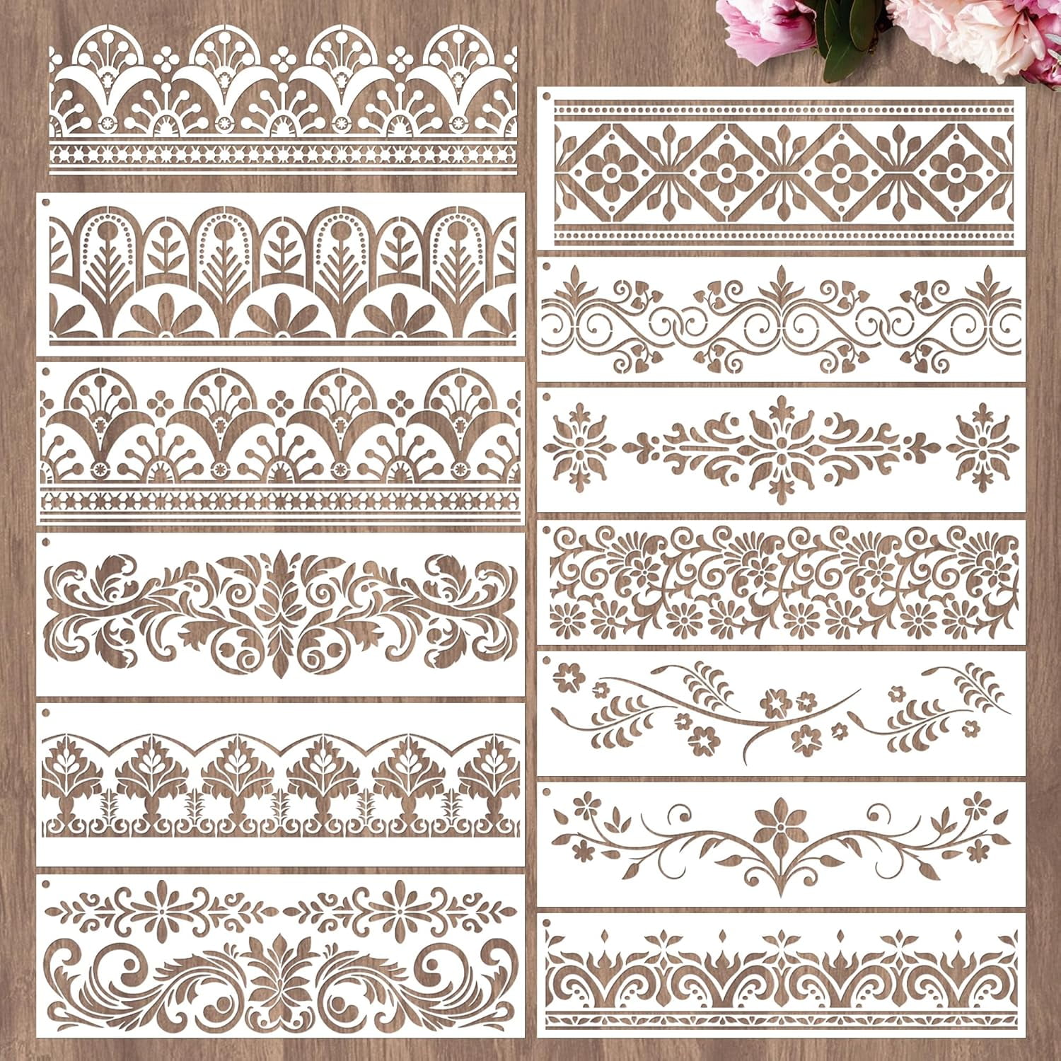Wellsay Flower Border Stencils for Painting - 12 Pcs Corner Border ...