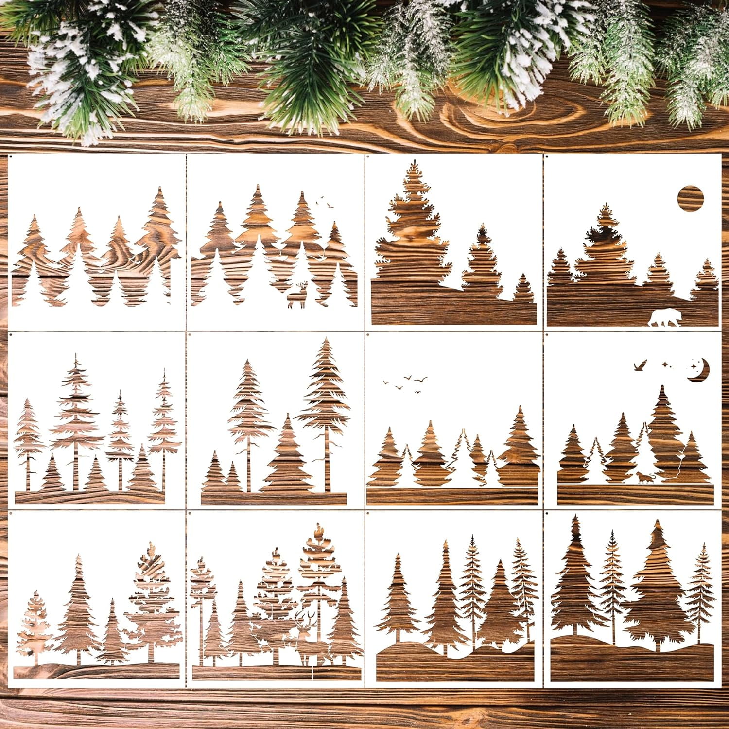 Wellsay Forest Large Painting Stencils - 12 Pcs Mountain Tree Stencils ...
