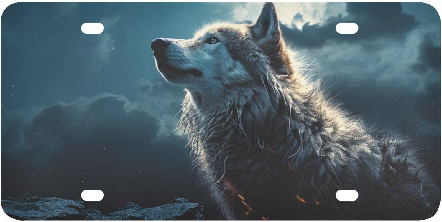 Wellsay Front License Plate Clear Night Wolf Print Aluminum 4 Holes ...
