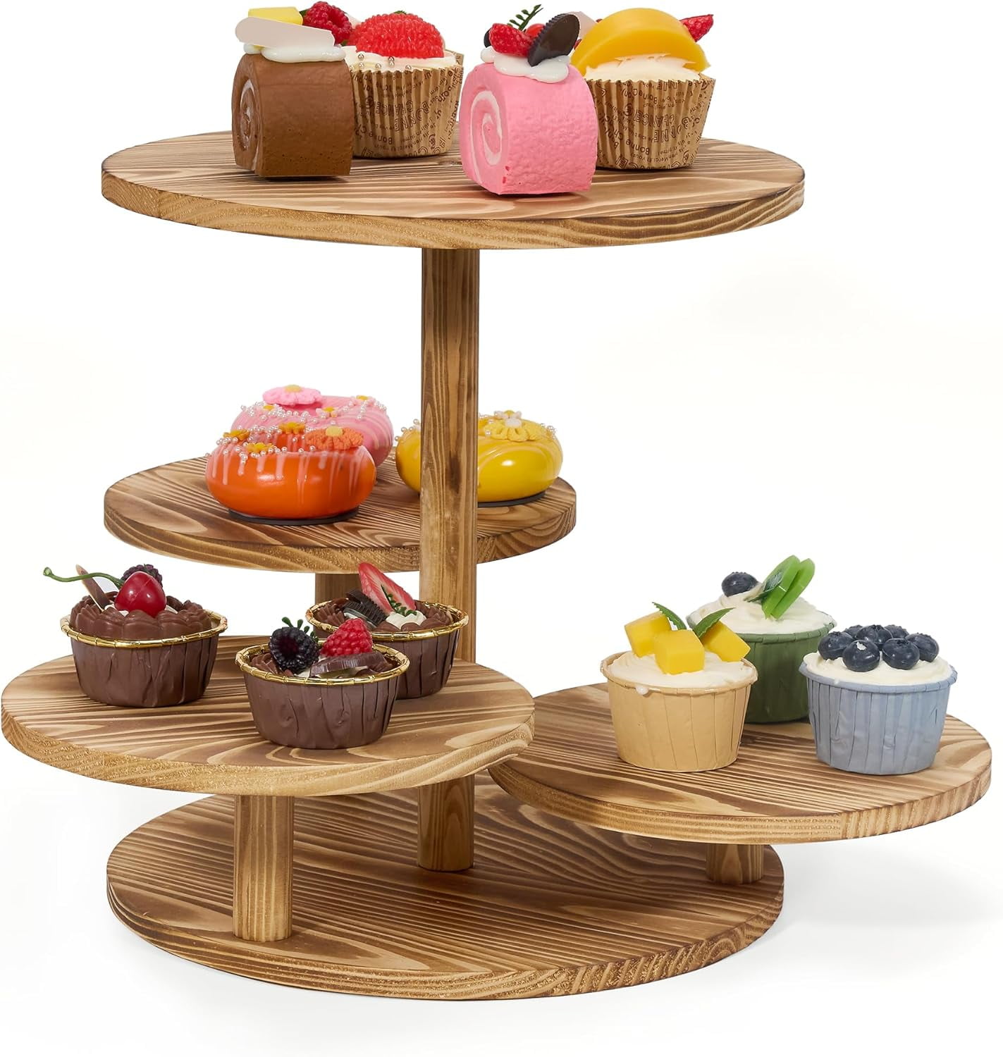 Wellsay GEN 4 Tier Cupcake Stand, Wooden Round Cupcake Tower for 50 ...