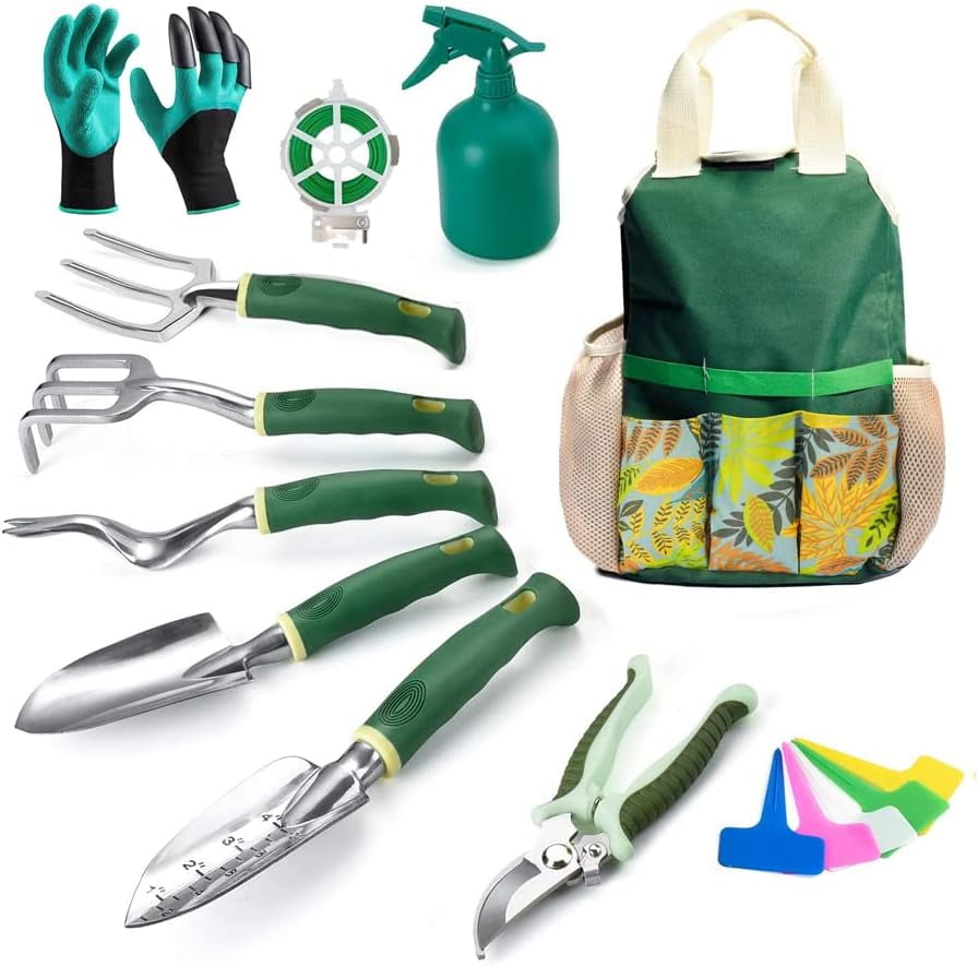 Wellsay Garden Tool Set with Bag 11 Piece Heavy Duty Gardening Tools ...