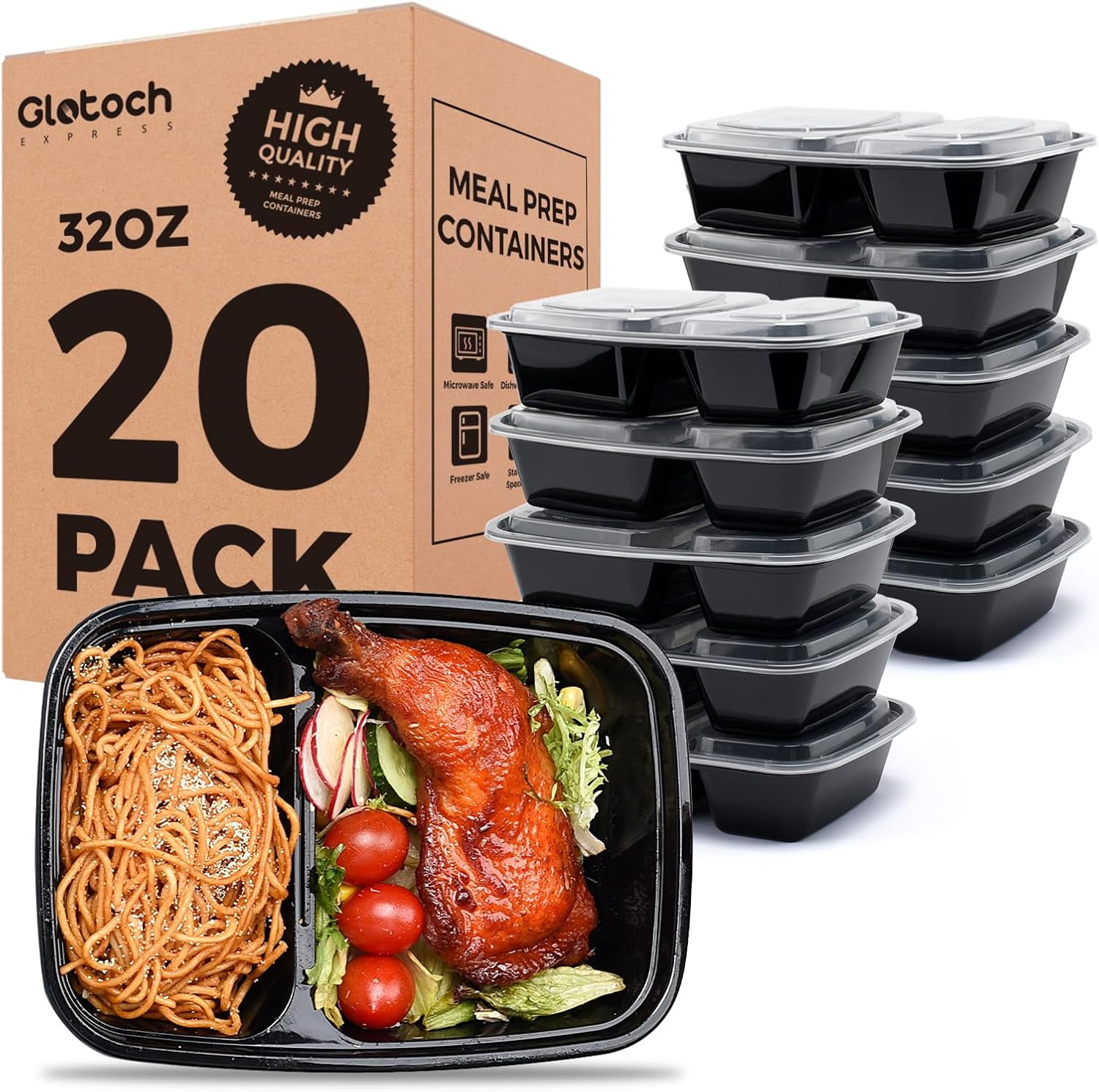 Wellsay Glotoch 20 Pack 32OZ Meal Prep Containers Reusable Microwave Safe,Extra Large &Thick ...