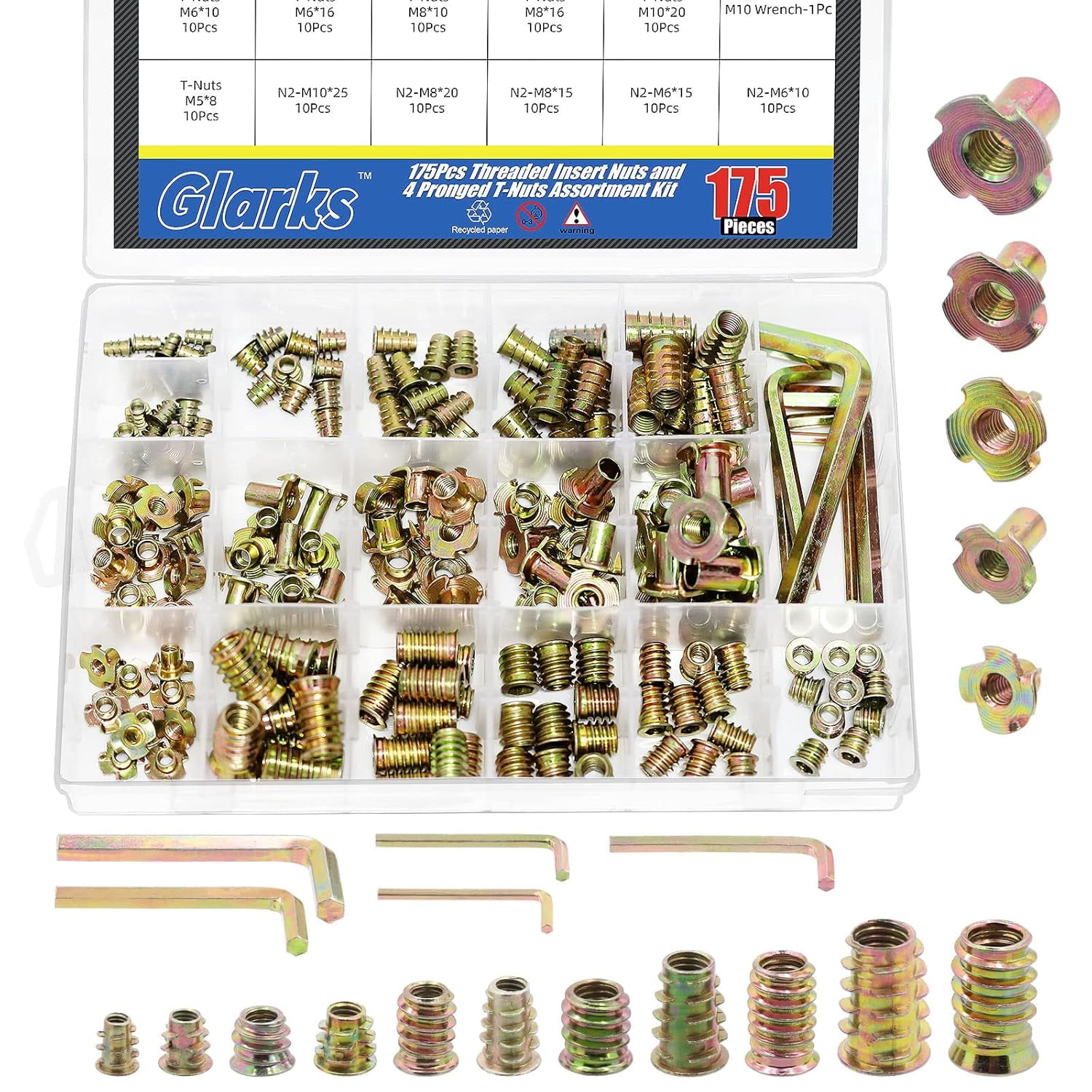 Wellsay Gls 175Pcs M4 M5 M6 M8 M10 Threaded Insert Nuts Kit Including 7 ...