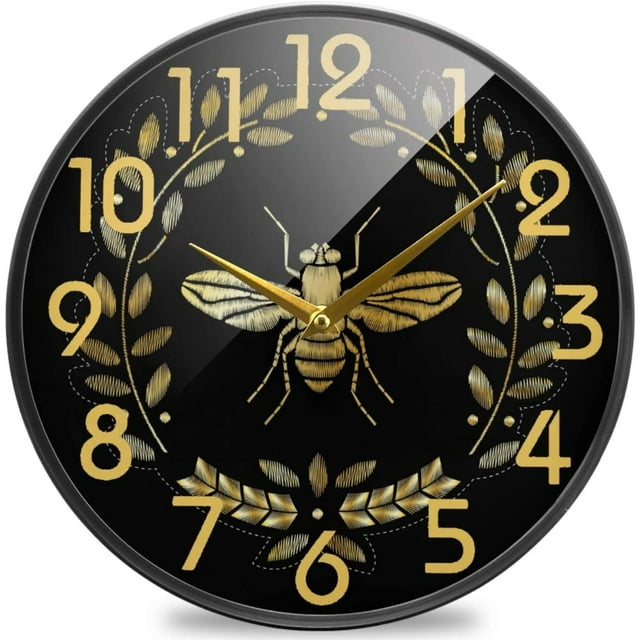 Wellsay Golden Bee Insect Pattern Round Wall Clock, 9.5 Inch Silent ...