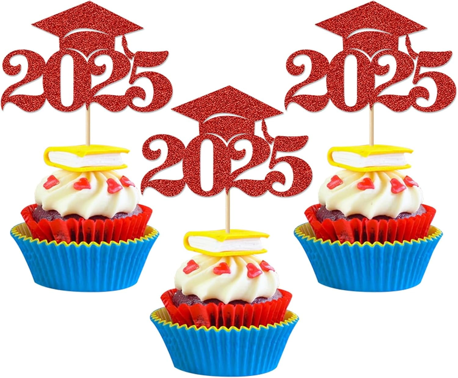 Wellsay Graduation Decorations 2025-24Pcs Red Glitter 2025 Graduation Cap Cupcake Tors for Class ...