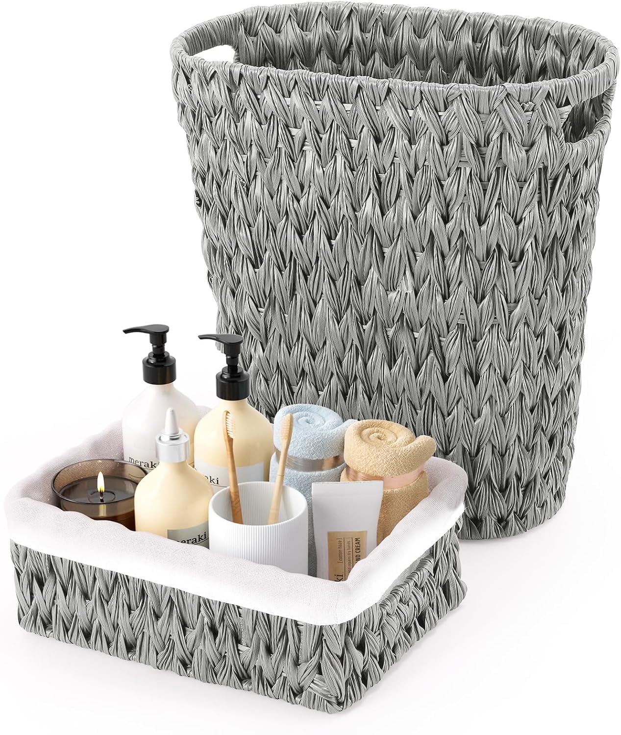 Wellsay Grey Trash Can with Wicker Storage Baskets,12 Liter/3.2Gallon ...