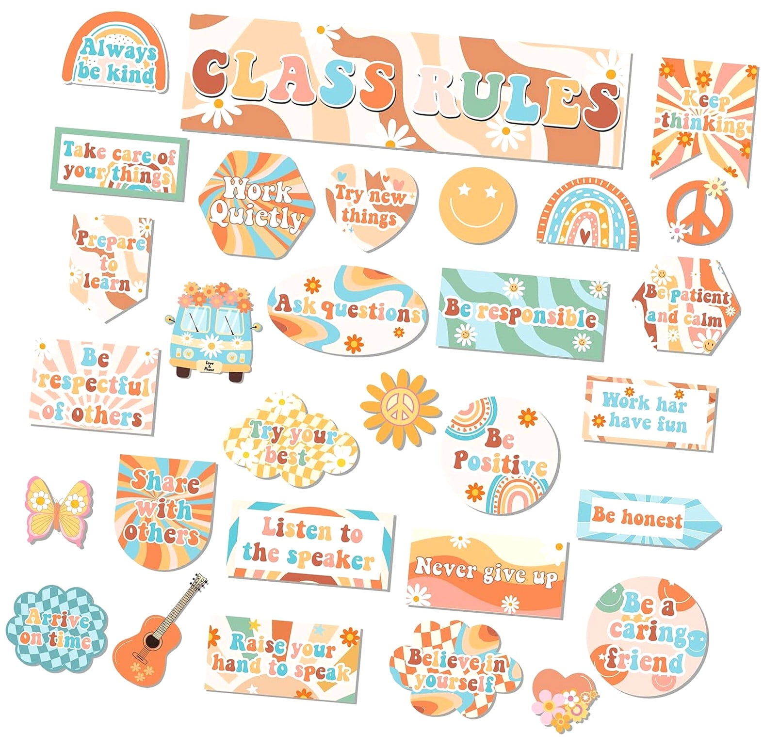 Wellsay Groovy Class Rules Bulletin Decorations Motivational Cutouts ...