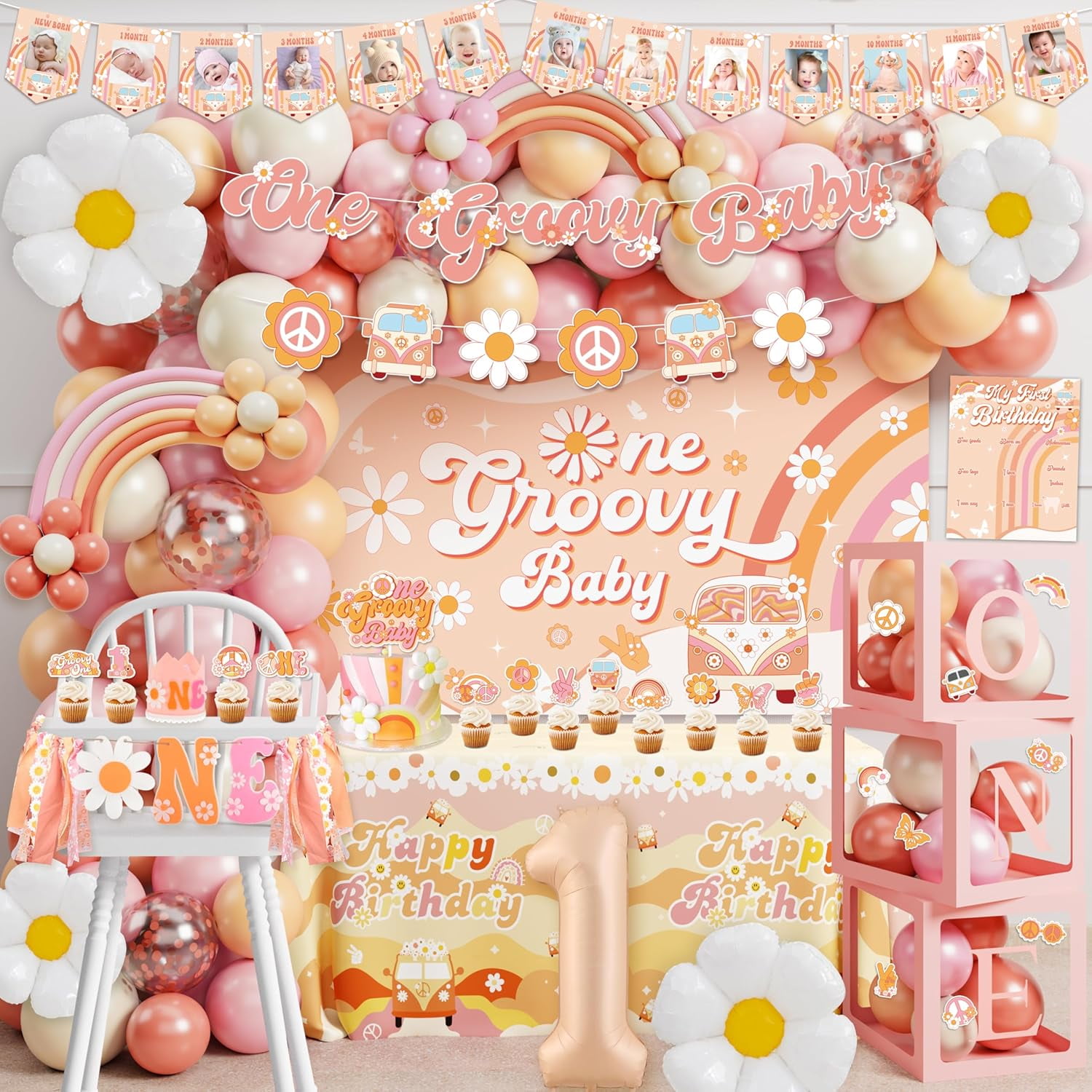 Wellsay Groovy One Birthday Decorations, One Groovy Baby Birthday ...