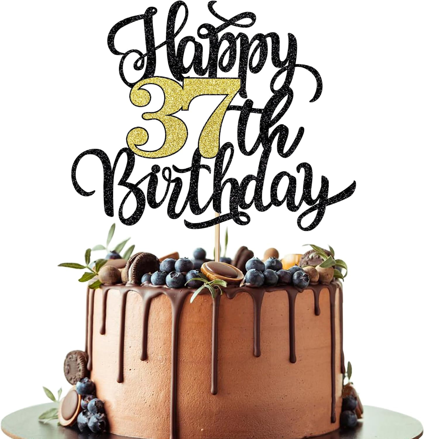 Wellsay Happy 37th Birthday Cake Tor, Black Gold Glitter Birthday Cake ...