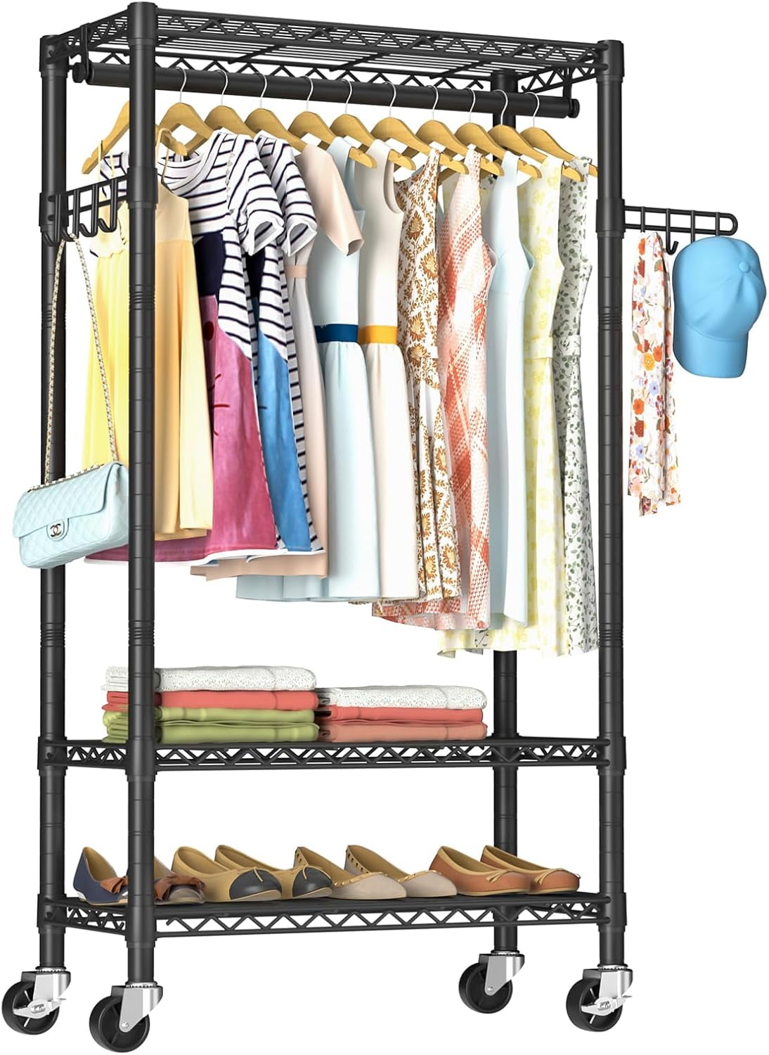 Wellsay Heavy Duty Clothes Rack Rolling Garment Rack,3 Tier Adjustable ...