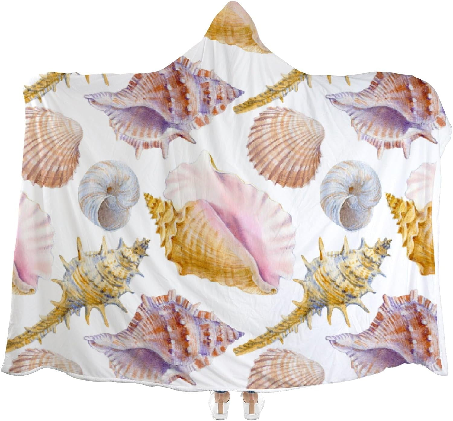 Wellsay Hooded Blanket Marine Sea Shells Watercolor - Wearable Soft ...