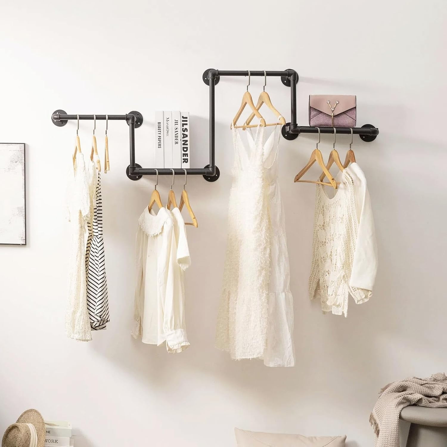 Wellsay Industrial Pipe Clothing Rack with Floating Shelves, 2 Hanging ...