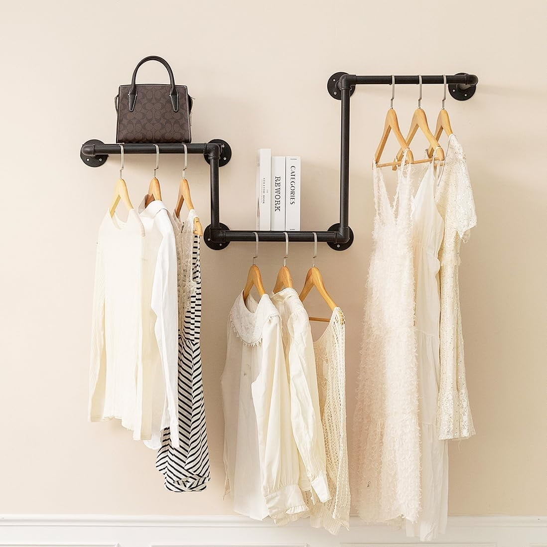 Wellsay Industrial Pipe Clothing Rack with Floating Shelves, 2 Hanging ...