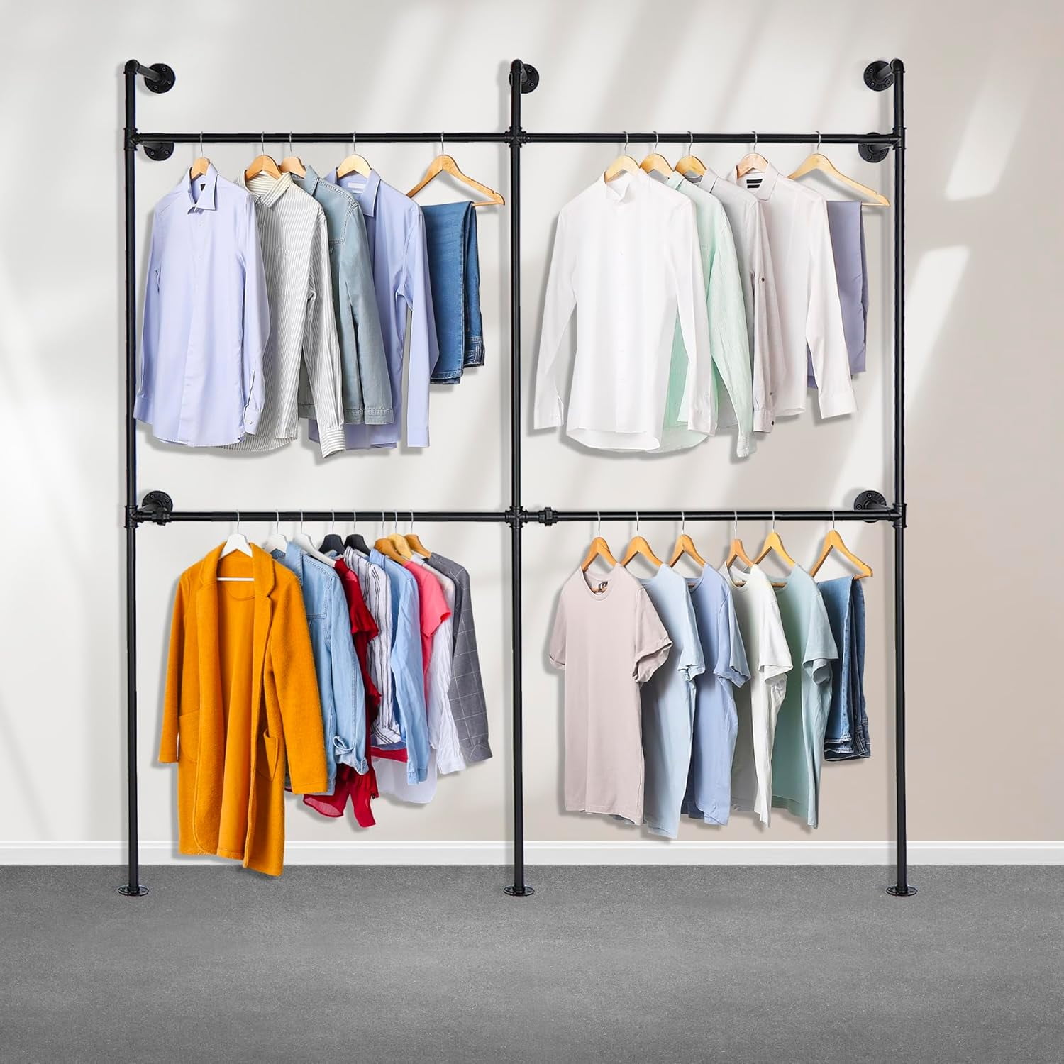 Wellsay Industrial Pipe Clothing Rack Metal, Minimalist Retro Walk-in Closet System, Heavy Duty ...