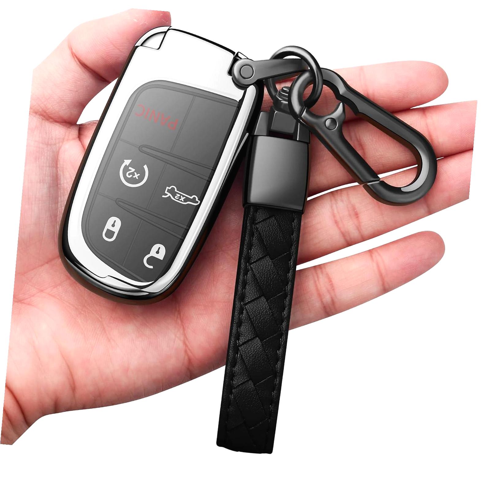 Wellsay Leather Keychain with Soft TPU Key Fob Cover for Grand Cherokee ...
