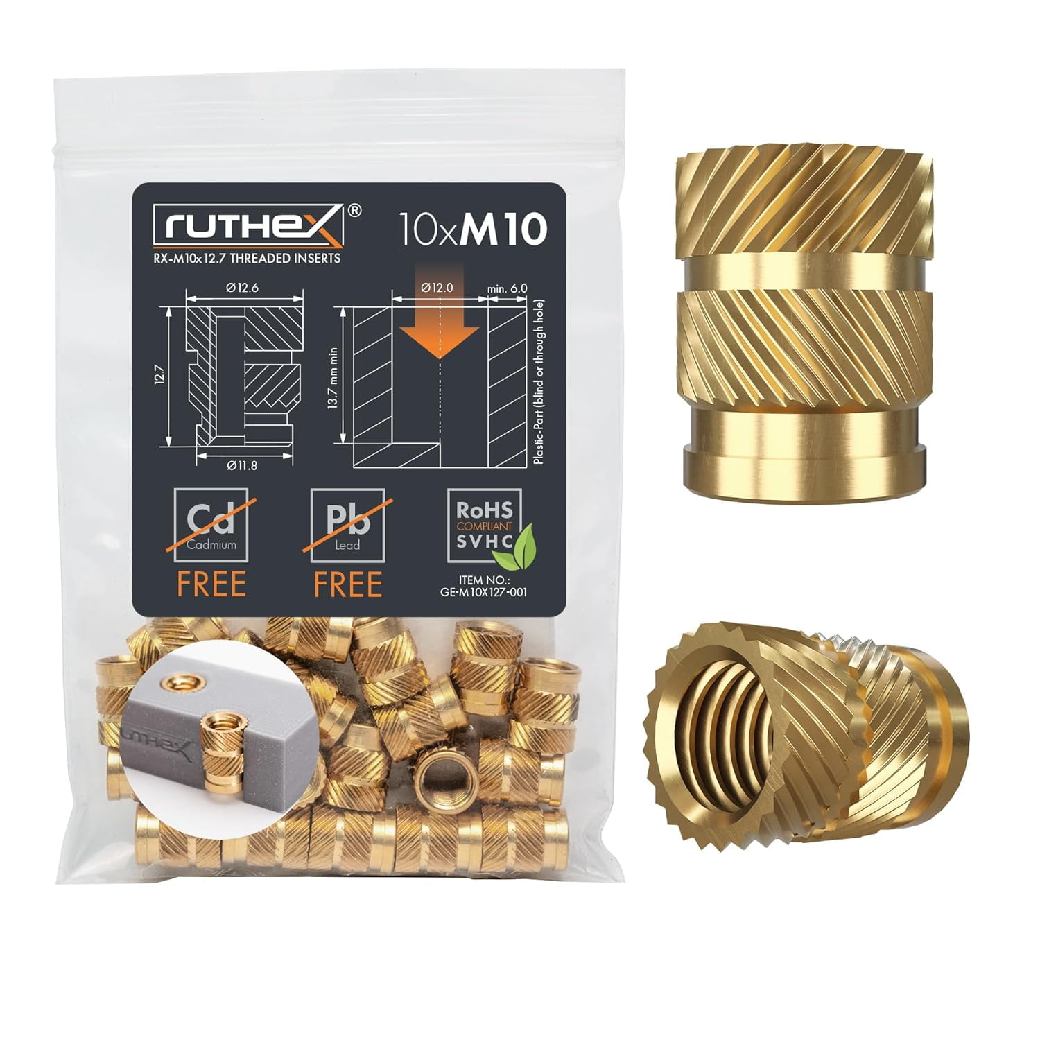 Wellsay M10 Threaded Inserts - 10 Pieces RX-M10x12.7 Brass Heat Set ...