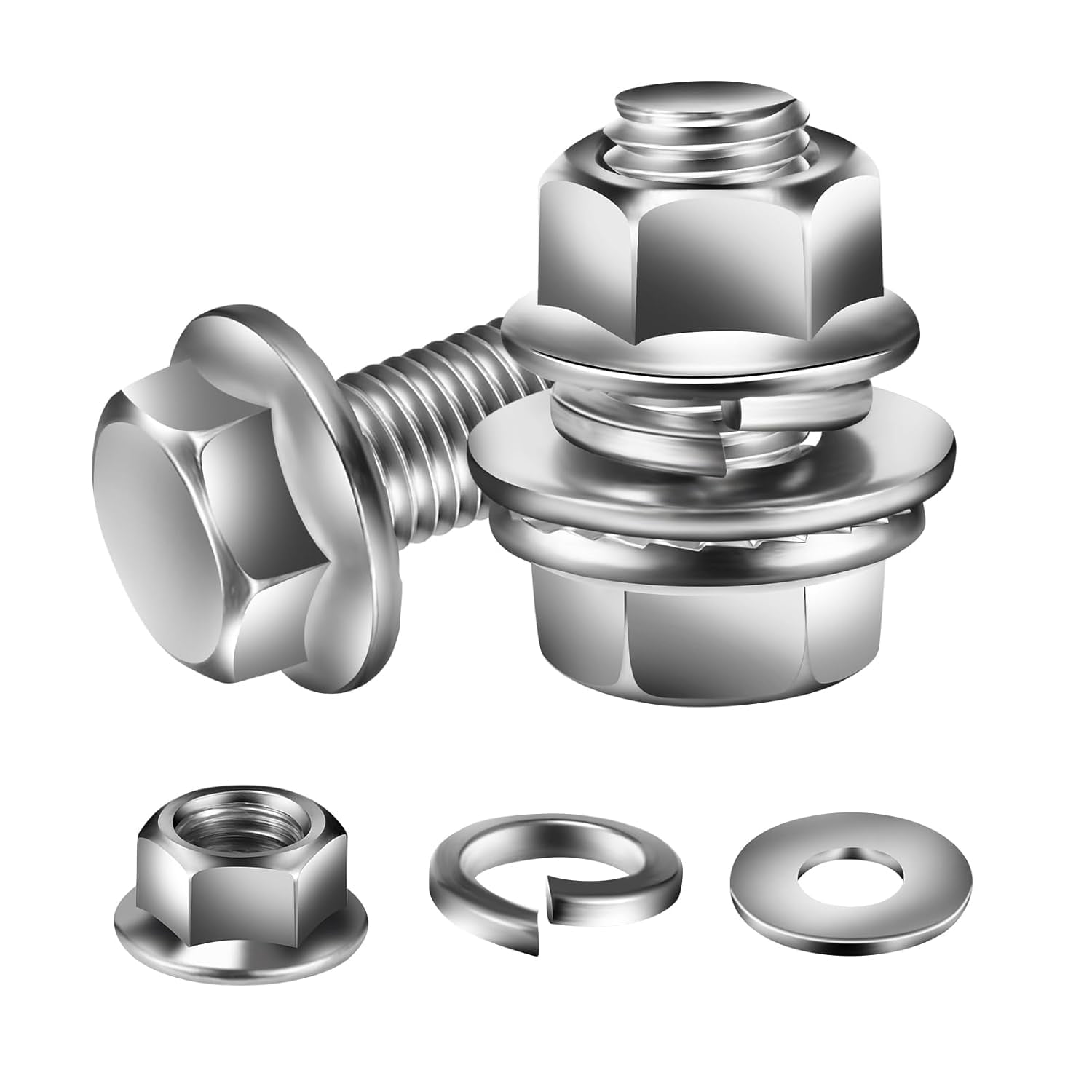 Wellsay M6 x 12mm Flanged Hex Head Bolts, Nuts, Flat & Lock Washers ...