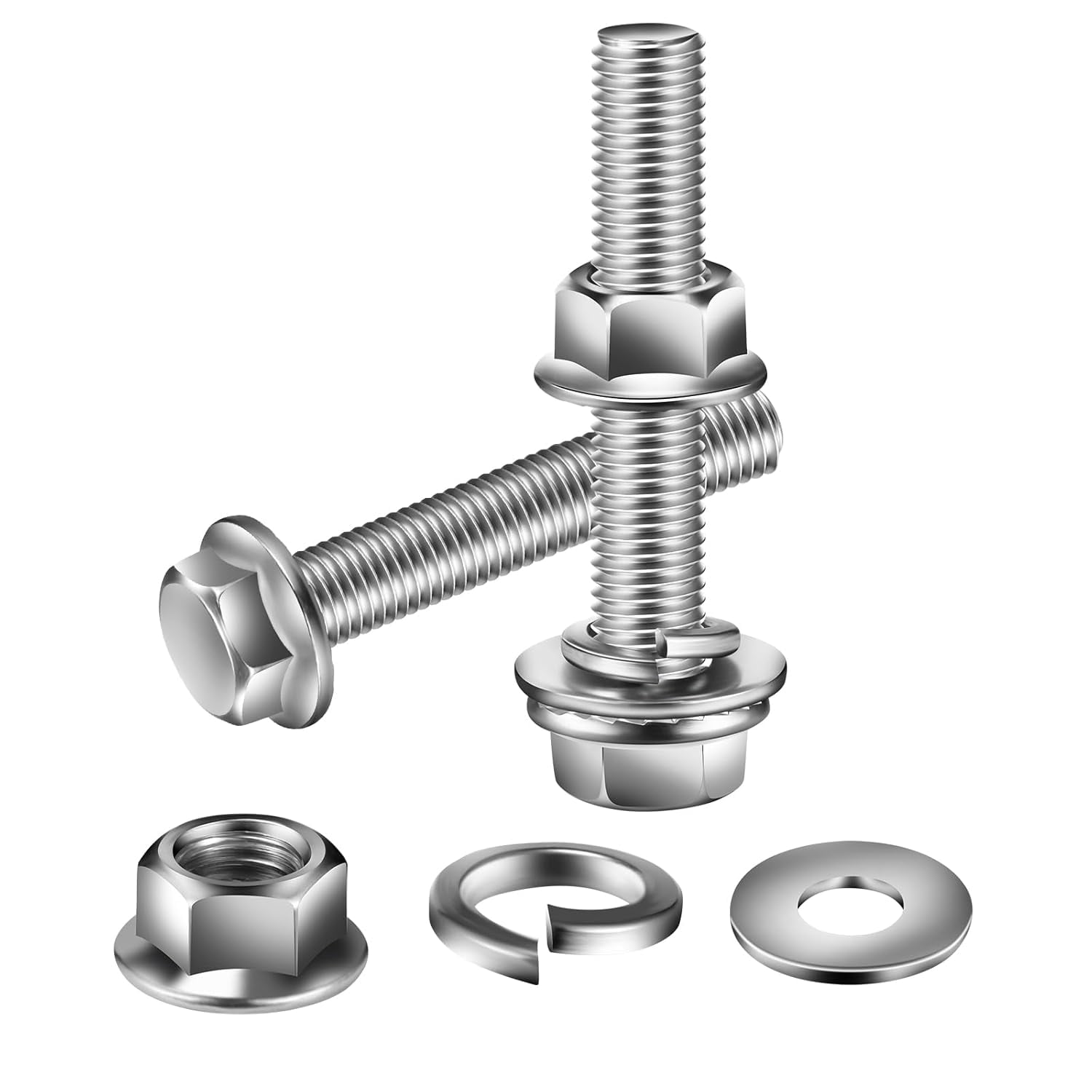 Wellsay M8 x 25mm Flanged Hex Head Bolts, Nuts, Flat & Lock Washers, 20Pcs 18-8 (304) Stainless ...