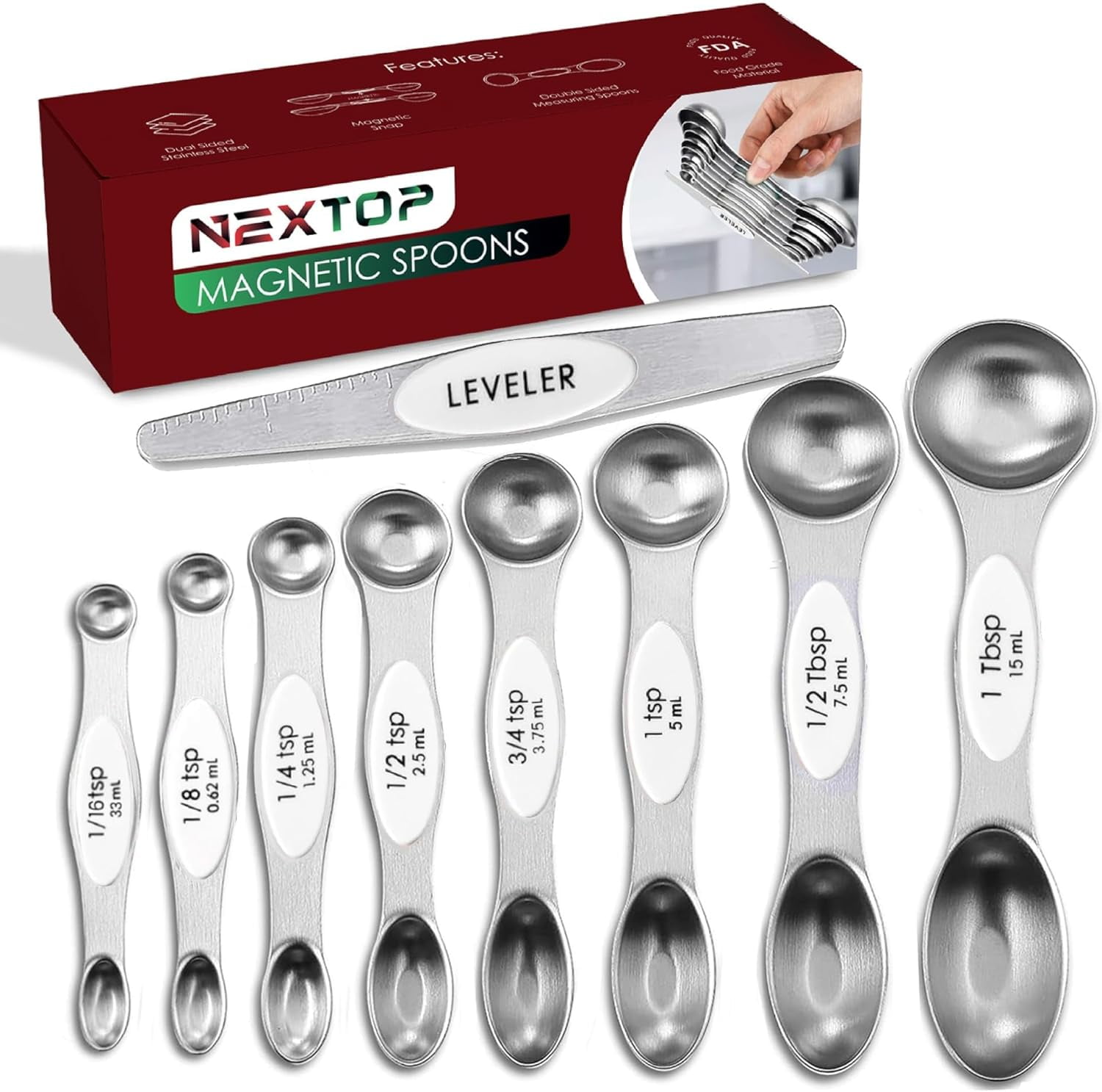 Wellsay Magnetic Measuring Spoons Set of 9 Stainless Steel Dual-Sided ...