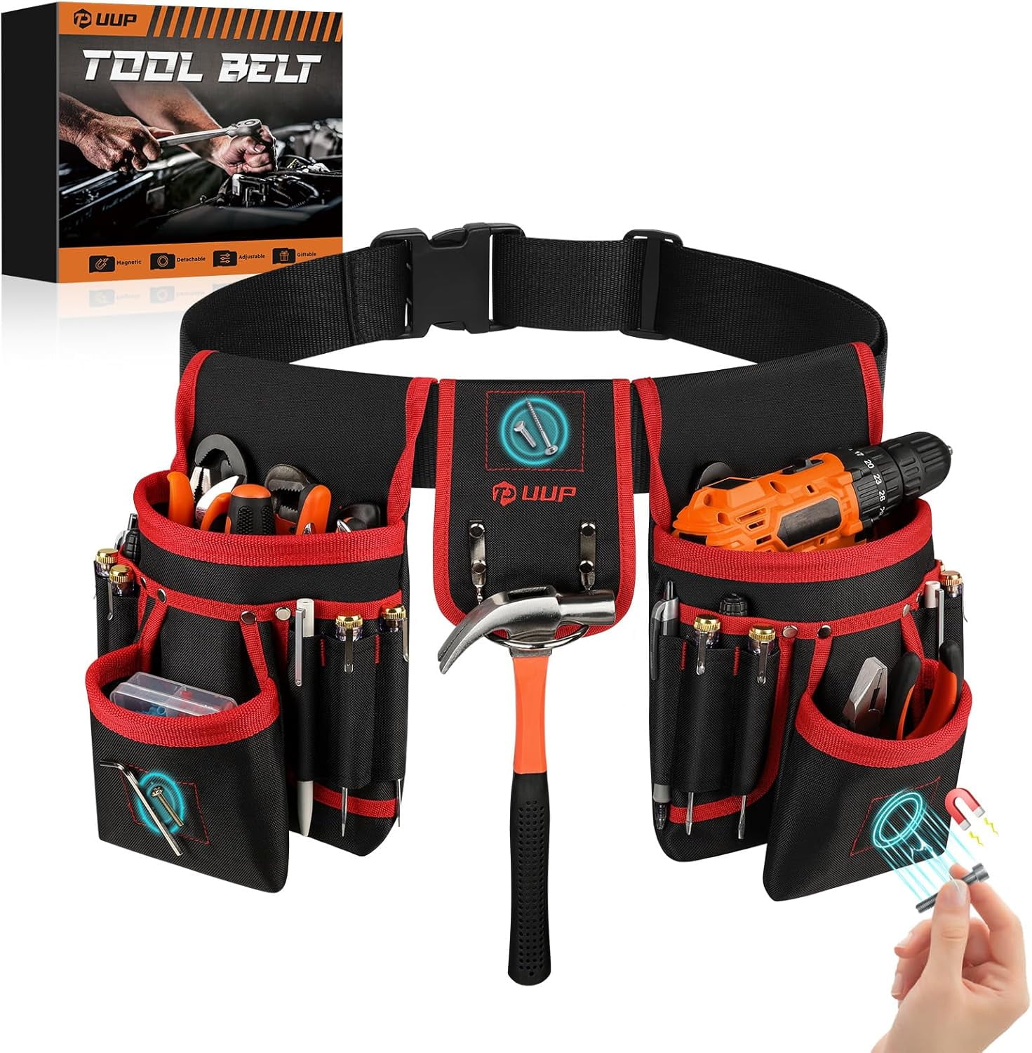 Wellsay Magnetic Tool Belt for Men, 26 Pockets Heavy Duty Tool Pouch ...