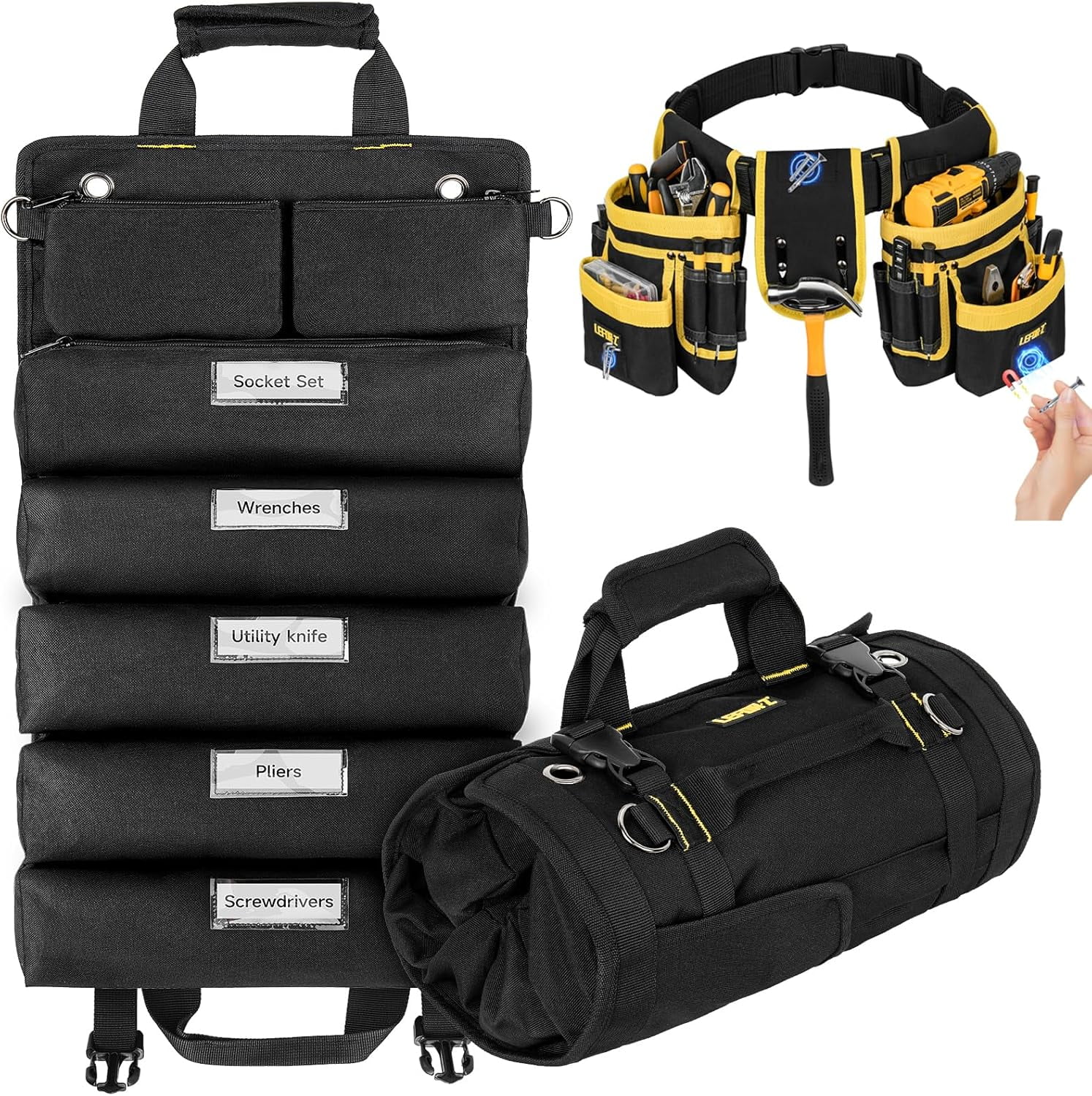 Wellsay Magnetic Tool Belt Pouch Bag +Large Roll Up Tool Bag Organizer ...