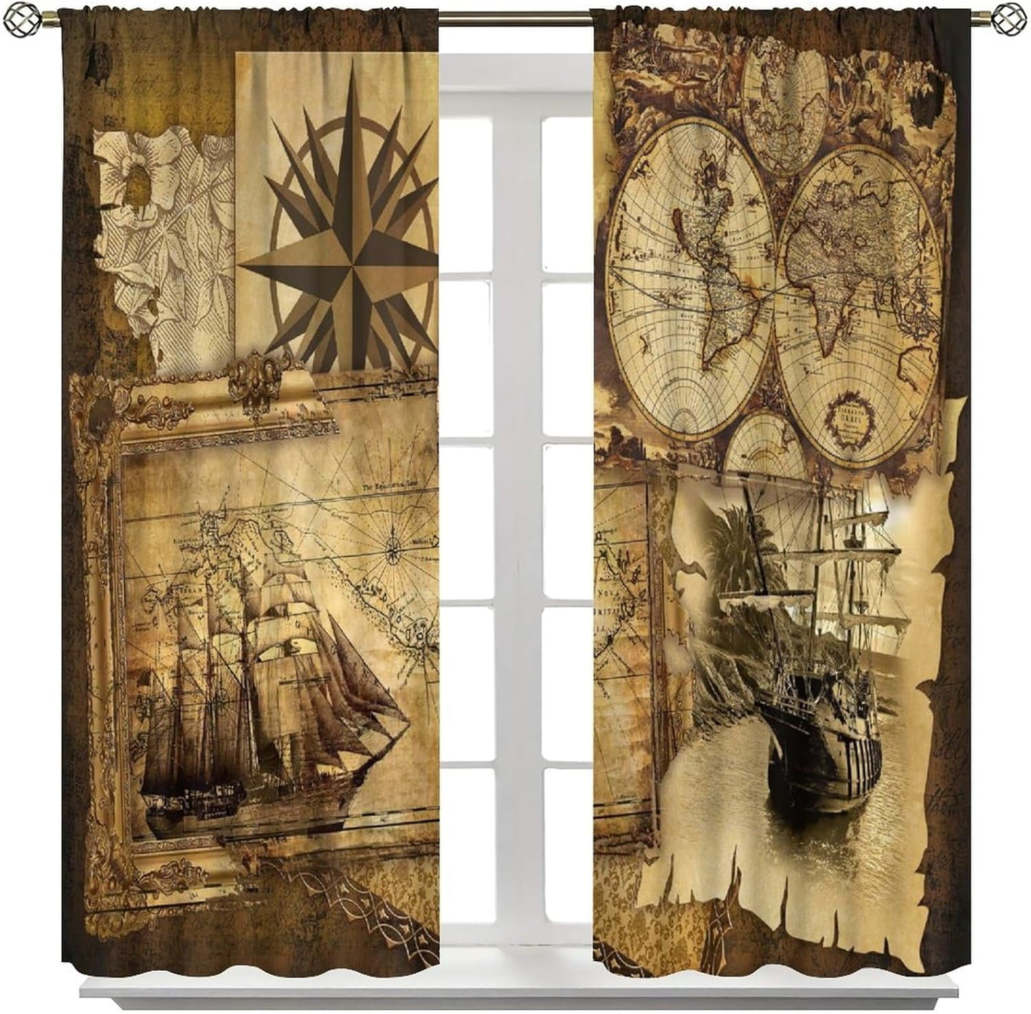 Wellsay Map Curtains, Retro Map Print Rod-Style Decor for Bedroom or ...