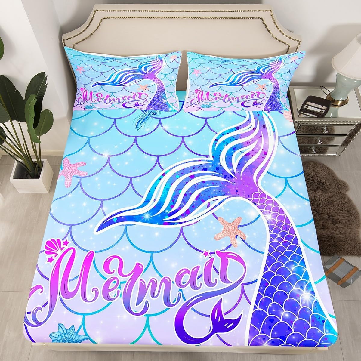 Wellsay Mermaid Tail Bed Sheet Set Queen, sh Scale Bedding Set Kids ...