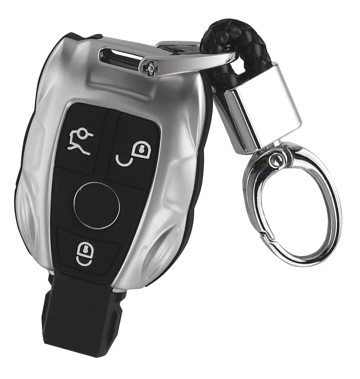 Wellsay Metal Key Fob Cover with Keychain, 3-Button Silver Smart Key Protector for A B C E G CLA ...