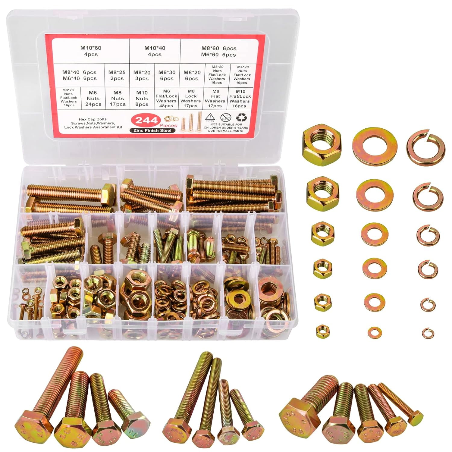 Wellsay Metric Bolt Assortment, 244PCS M3/4/5/6/8/10 Hex Bolts and Nuts Kit, 13 Most Common ...