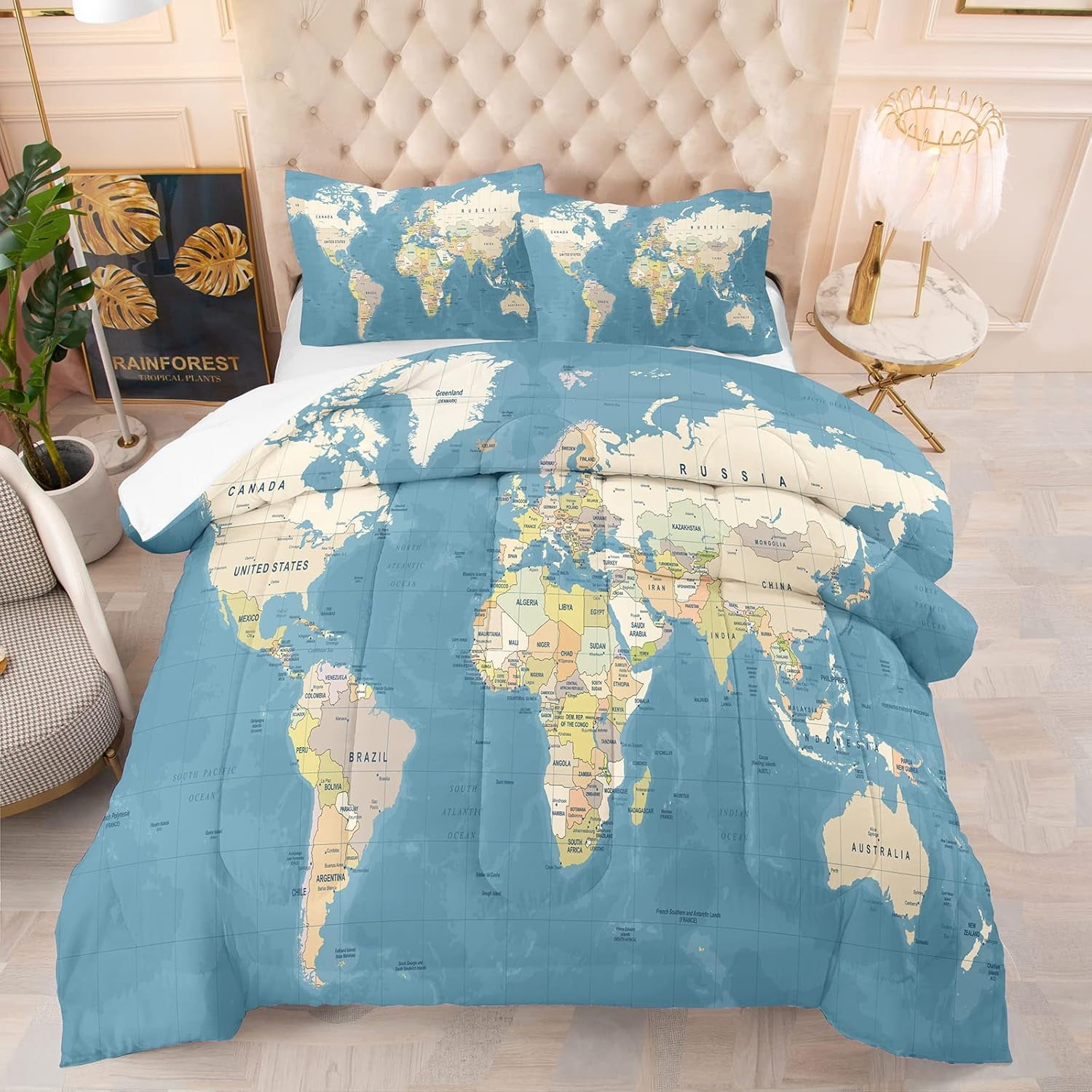 Wellsay Multicolored World Map Comforter Set for Boys Girls Geography Blue Ocean Asia Europe ...