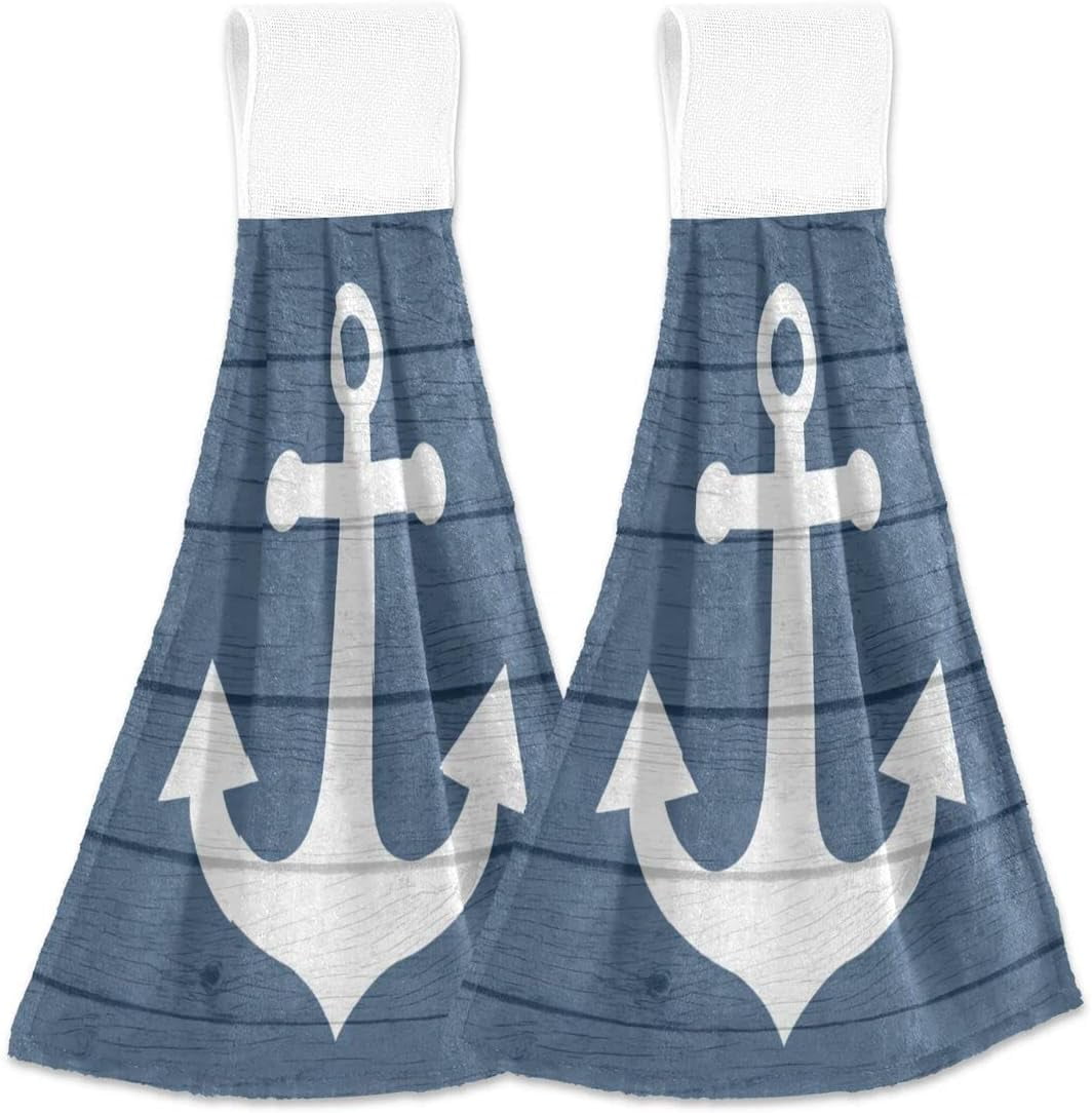 Wellsay Nautical Anchor Hanging Kitchen Towels 2 Pcs Navy Blue Hand
