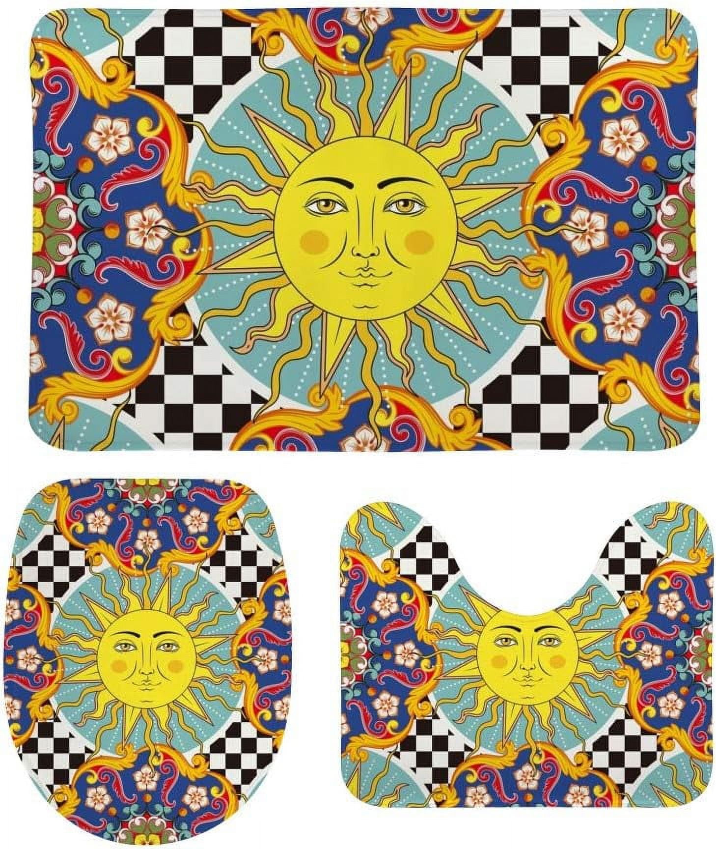 Wellsay Non Slip 3 Piece Bathroom Rug Set Ethnic Ornamental Mandala Soft Contour Rug Toilet