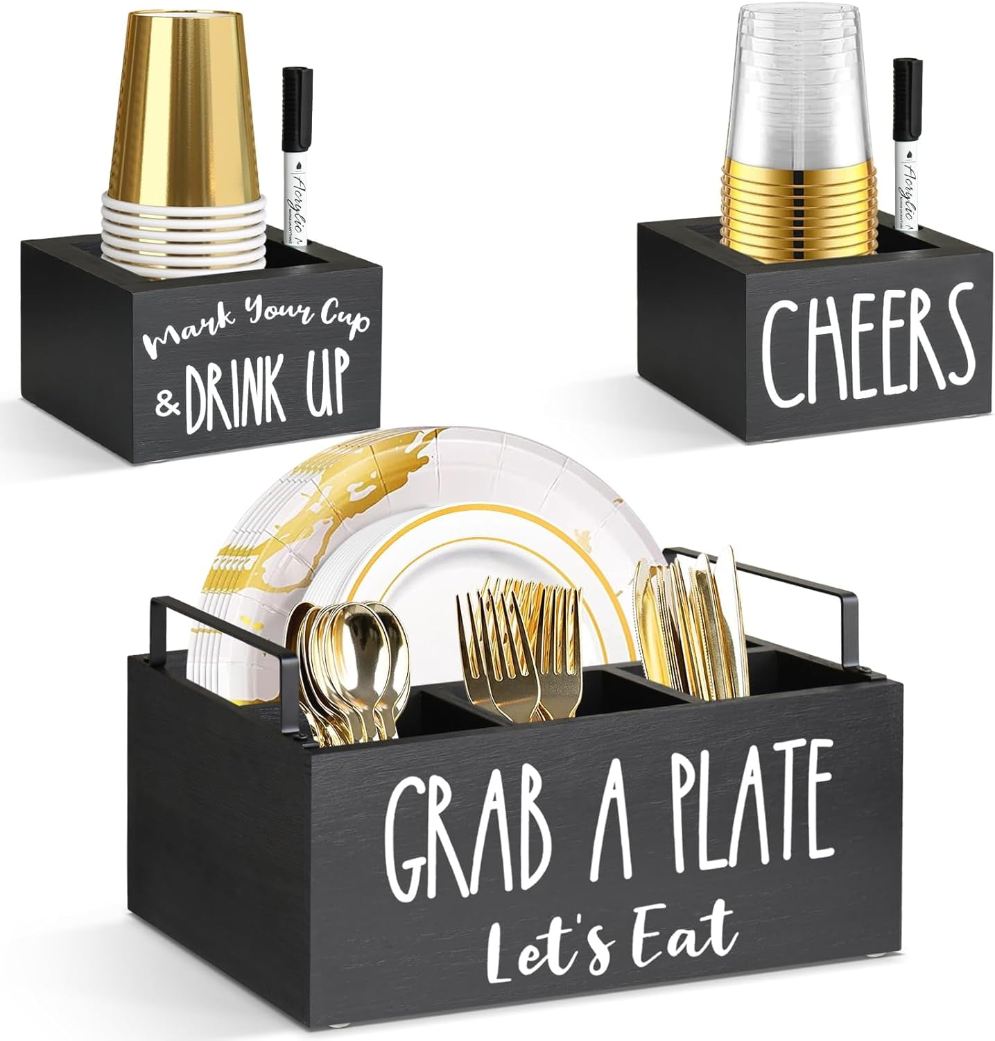 Wellsay Paper Plate Holders with 2 Cup Holders and Markers, Wood Paper ...