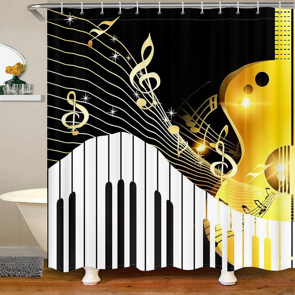 Wellsay Piano Key Shower Curtain Golden Music Notes Bath Curtain 72 ...