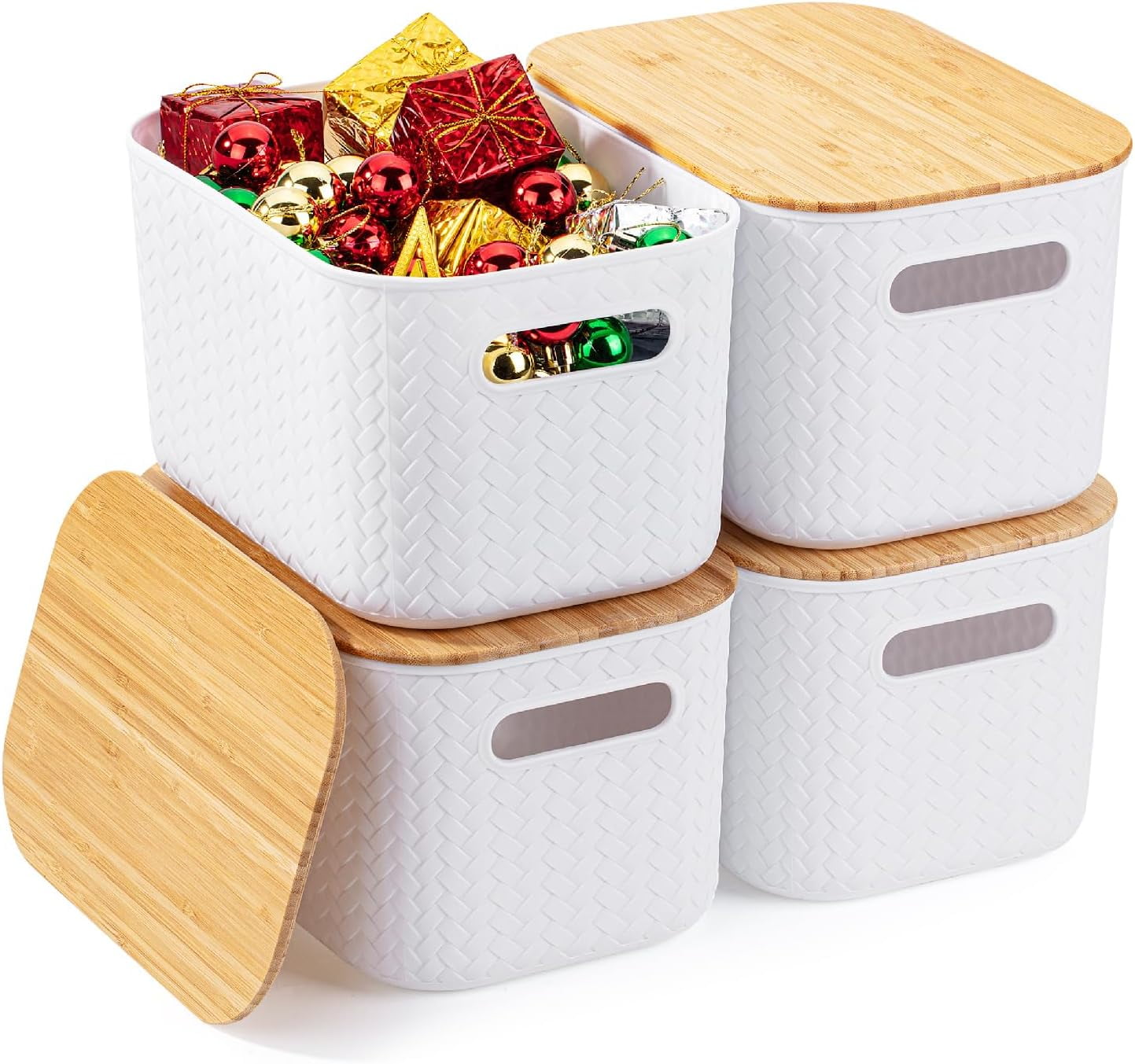 Wellsay Plastic Storage Baskets with Bamboo Lid, 4 pcs, White Storage ...