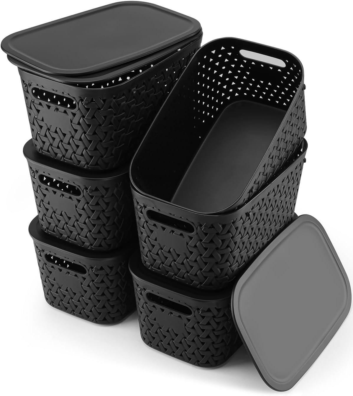 Wellsay Plastic Storage Bins with Lids 6 Packs,Stackable Bins Basket ...