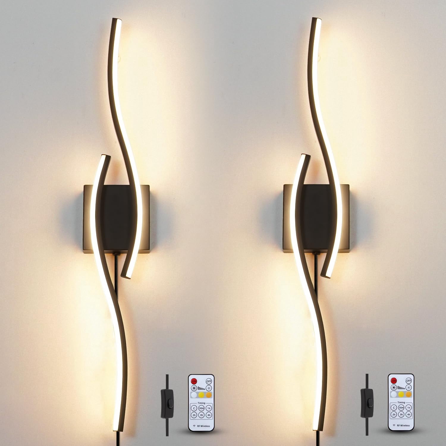 Wellsay Plug in Wall Sconces Set of 2, Modern Plug in Sconce w/ Remote ...