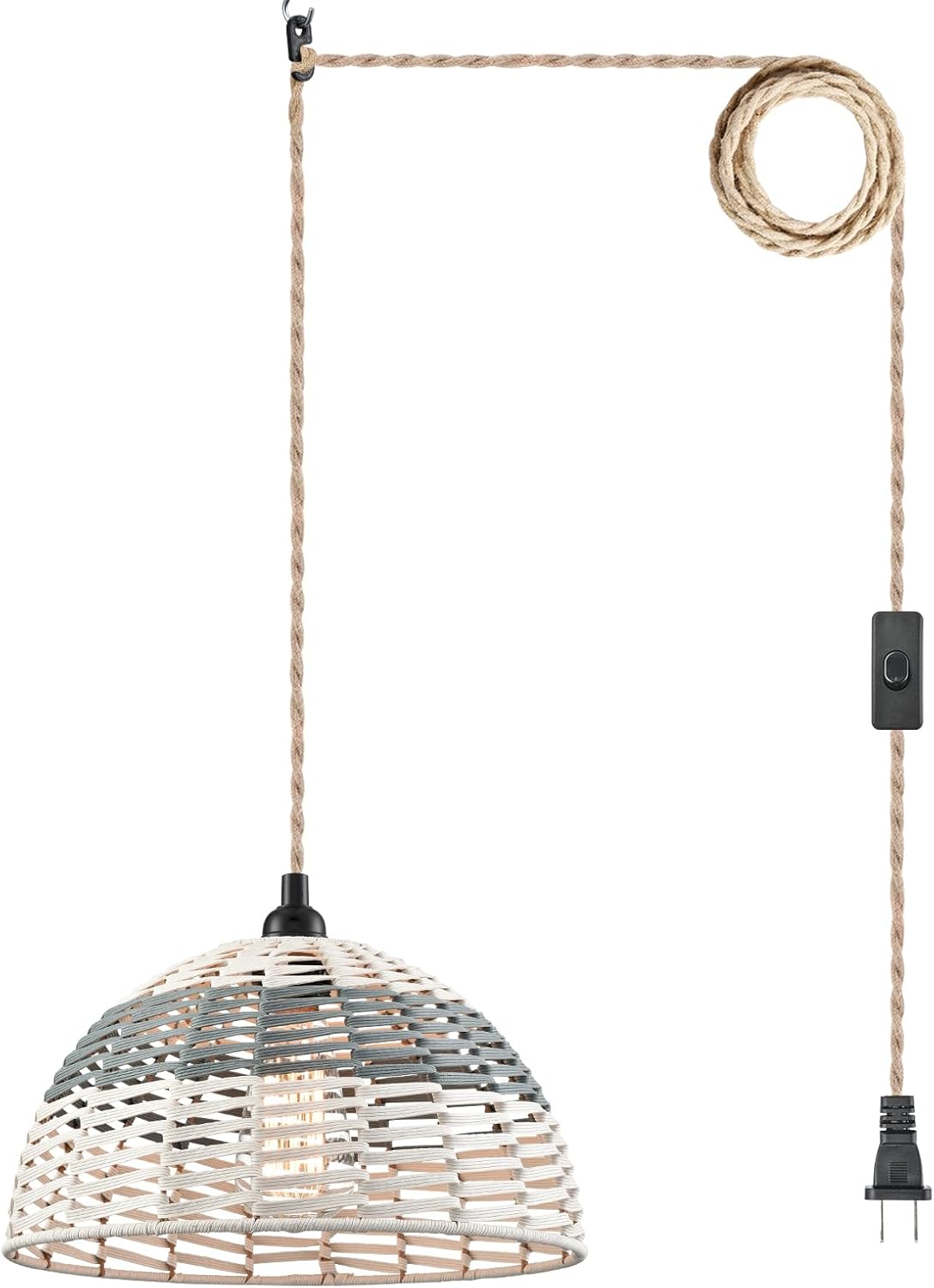 Wellsay Plug-in Pendant Light with Iron Frame & Handwoven Paper Cord ...
