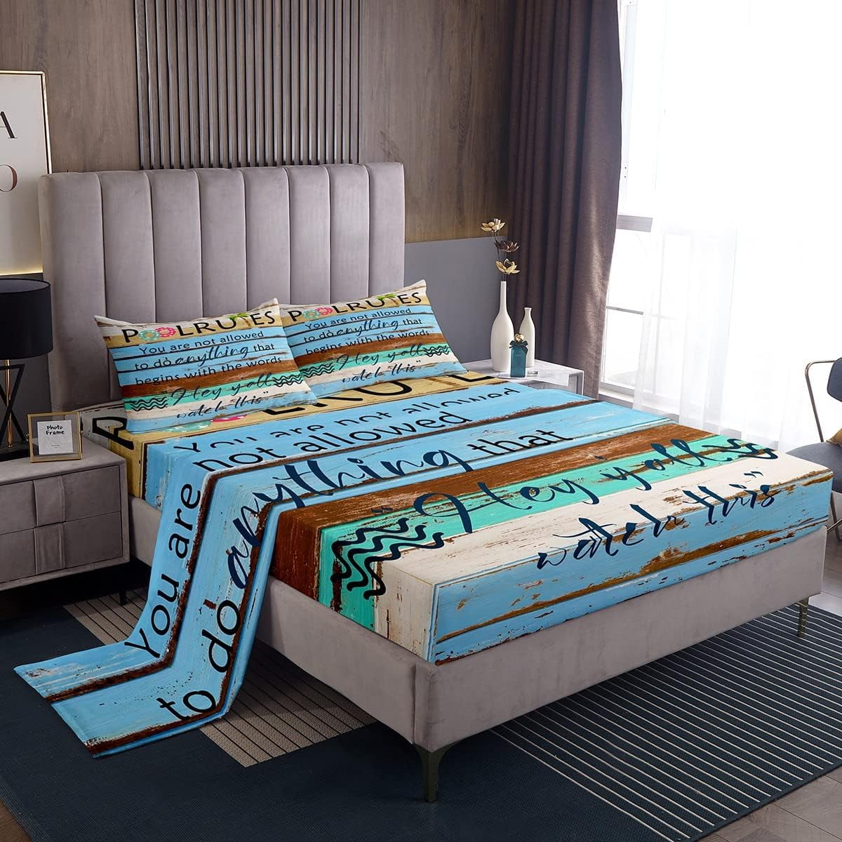 Wellsay Pool Rules Bedding Set Full Size, Hawaiin Farmhouse Wood Grain ...