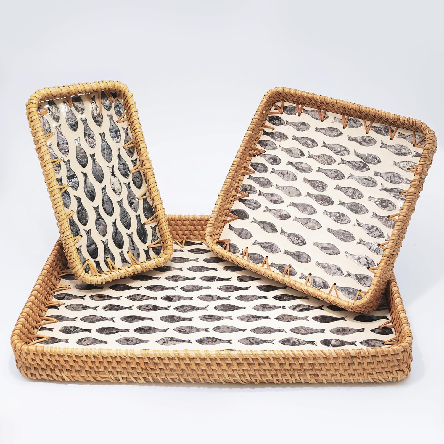 Wellsay Rattan Serving Tray with Mother of Pearl Inlay,Set of 3 ...