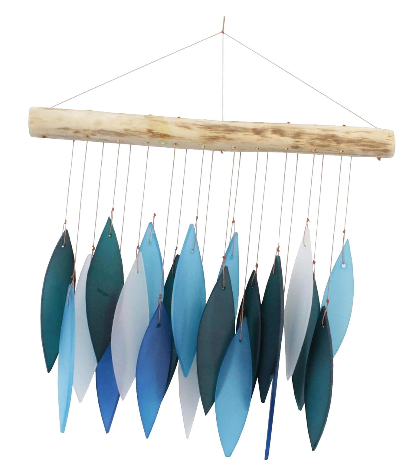 Wellsay Recycled Glass Wind Chime - Leaf Motif in Blues, White & More - Driftwood and Tumbled ...