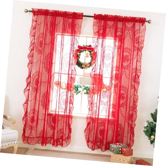 Wellsay Red Lace Curtains 72 Inch Length 2 Panels Rose Floral Christmas ...