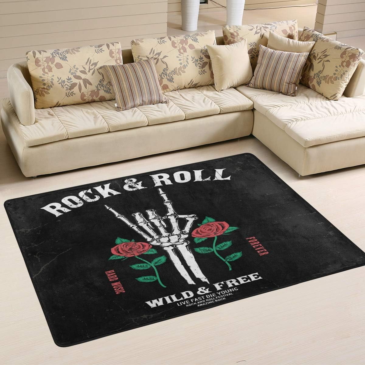 Wellsay Rock and Roll Non Slip Area Rug for Living Dinning Room Bedroom ...